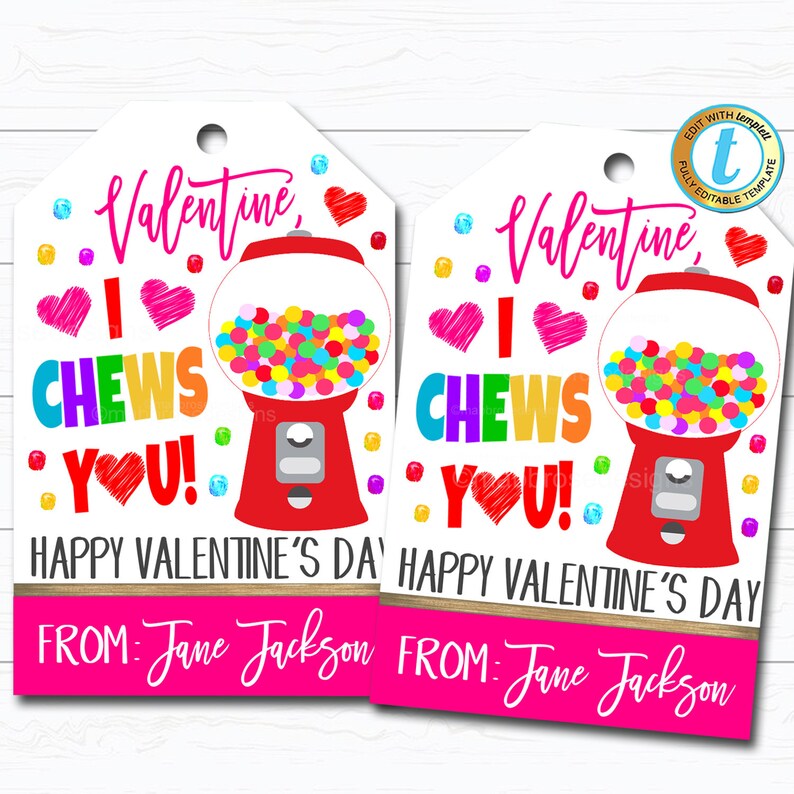 Valentine Bubble Gum Gift Tags, I Chews You Gum Candy Valentine Tag ...