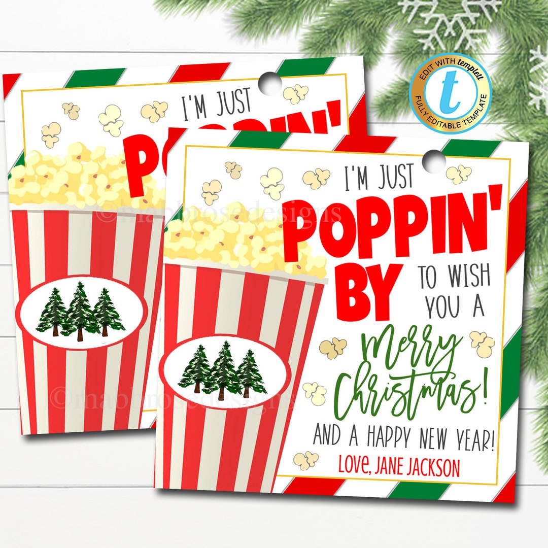 Christmas Popcorn Gift Tag, Poppin By, Neighbor Friend Coworker Teacher ...