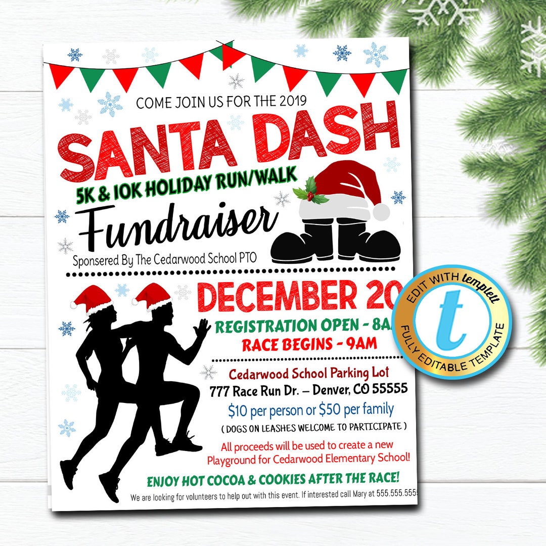 Santa Run Flyer, Christmas Race, Santa Dash, School Church Pto Pta ...