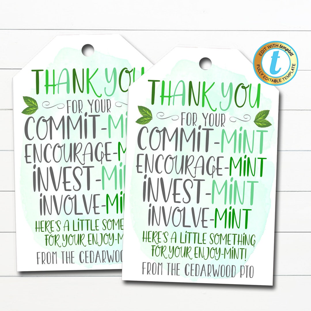 Thank You Mint Tags, Volunteer Mint Labels, Thank You Gift, School Pto ...