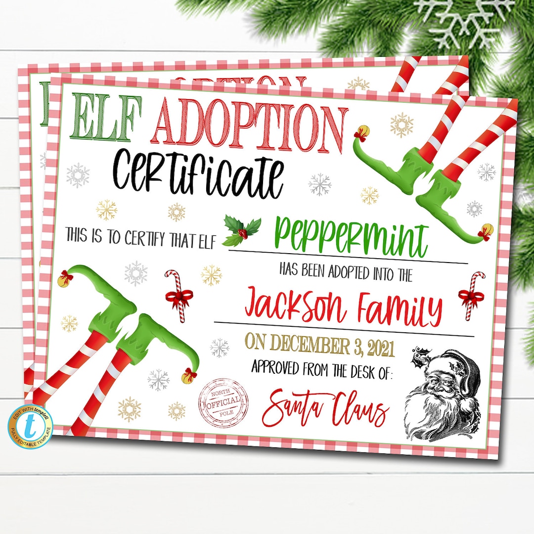 Elf Adoption Certificate Printable, Christmas Kids Holiday Elf Ideas ...