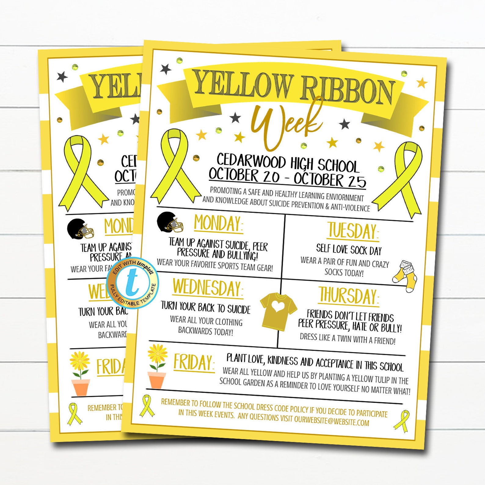 Yellow Ribbon Week Itinerary Flyer Spread Kindness Printable - Etsy