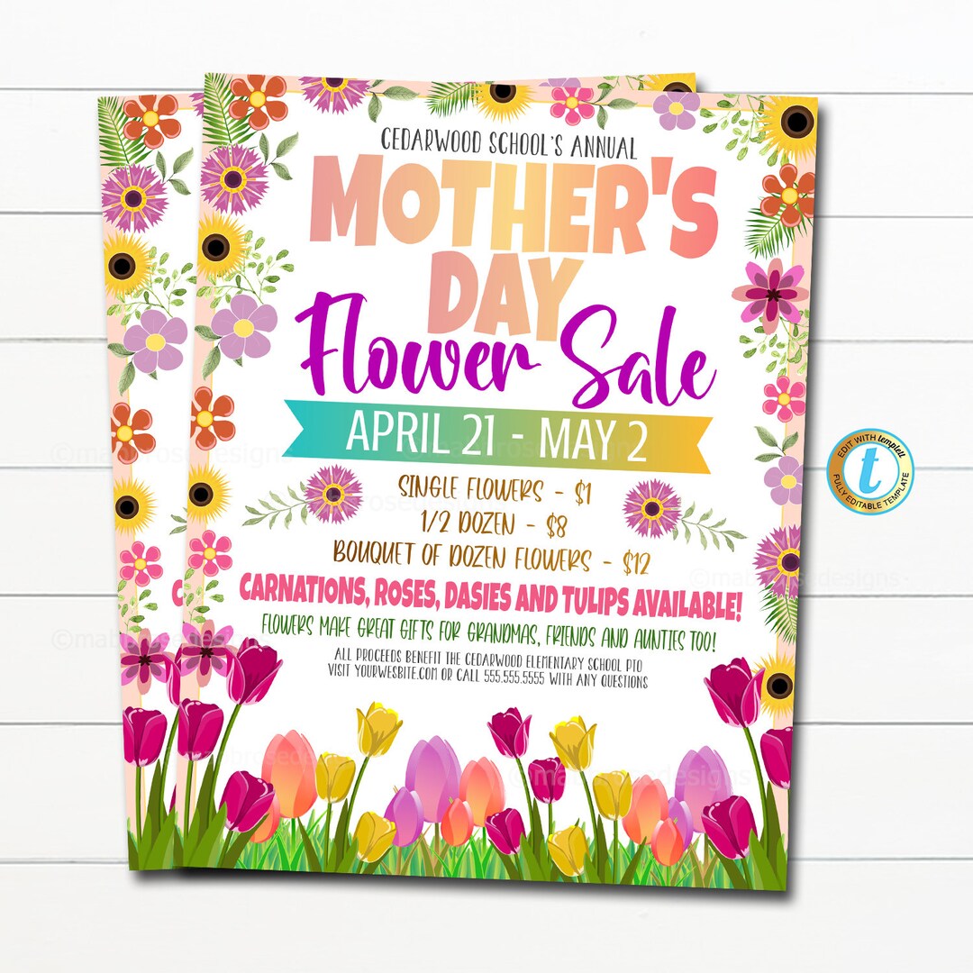 Mother's Day Flower Fundraiser Flyer, Roses Carnation Printable Invite ...