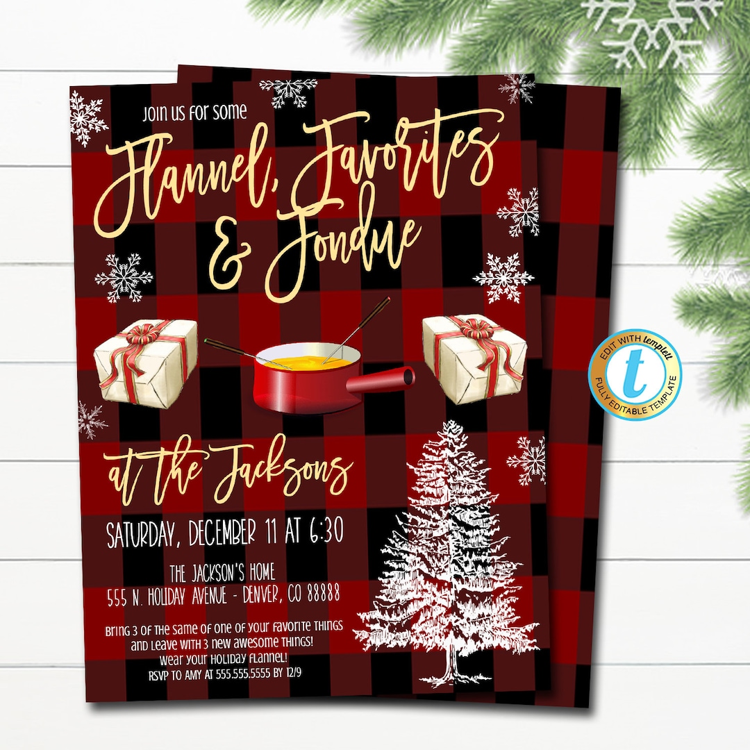 Flannel Favorites and Fondue Party Invite, Adult Christmas Invitation ...