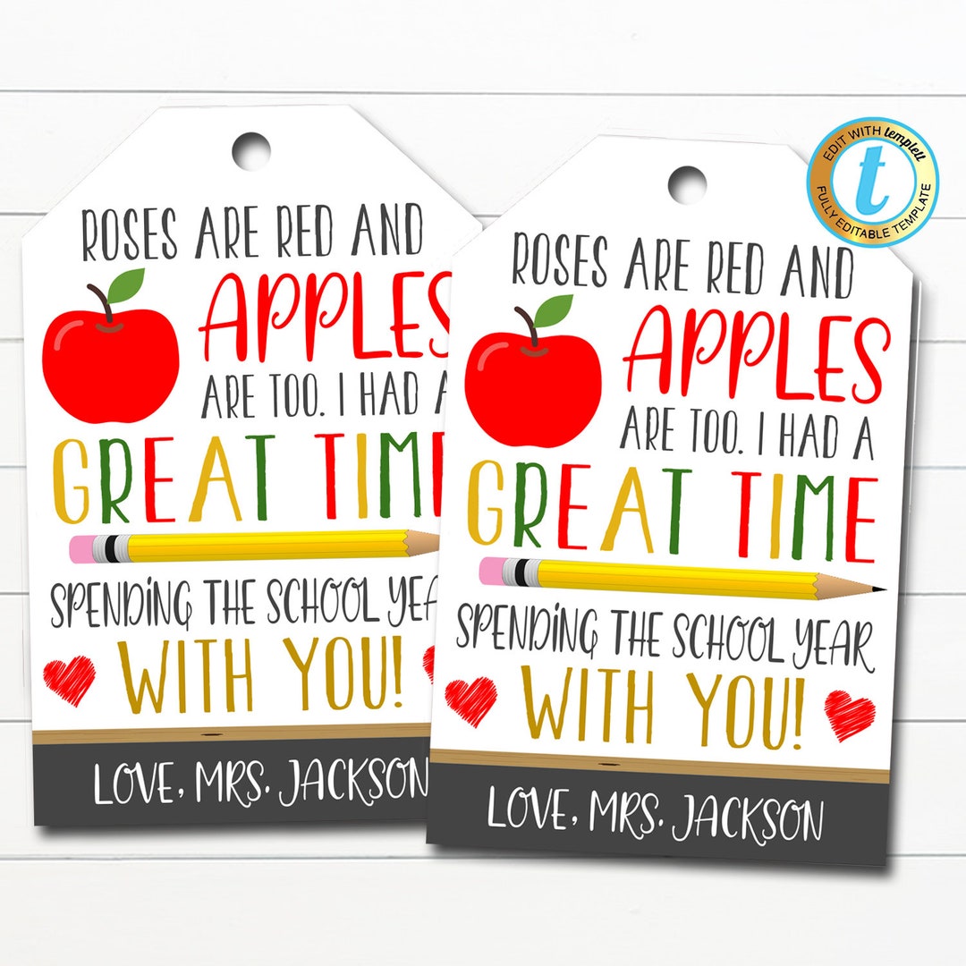 End of School Teacher Gift, Roses Are Red Poem, Thank You Tag, Teacher ...