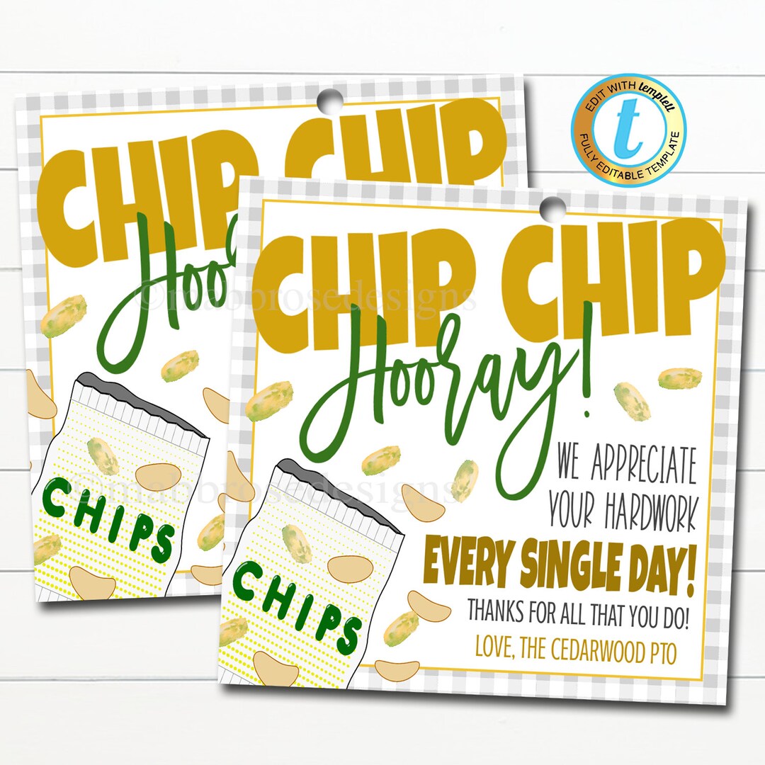 Chips Thank You Gift Tags, Appreciation Week Teacher Staff Nurse, Chip ...