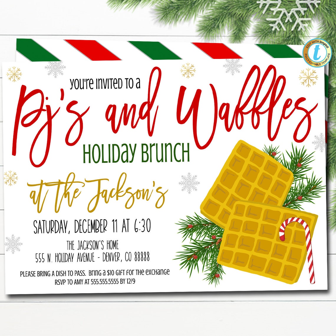 Christmas Pjs and Waffles Invitation, Editable Waffles & Pajamas ...
