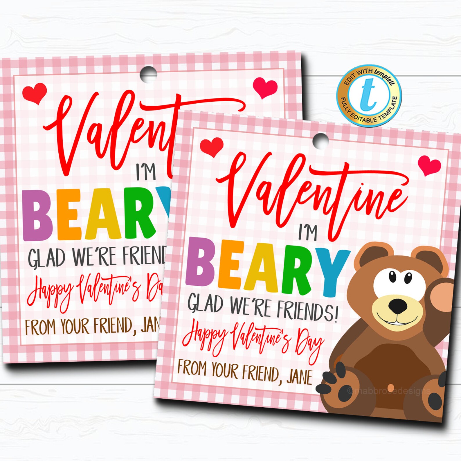 Valentine Bear Tags I'm Beary Glad We're Friends - Etsy