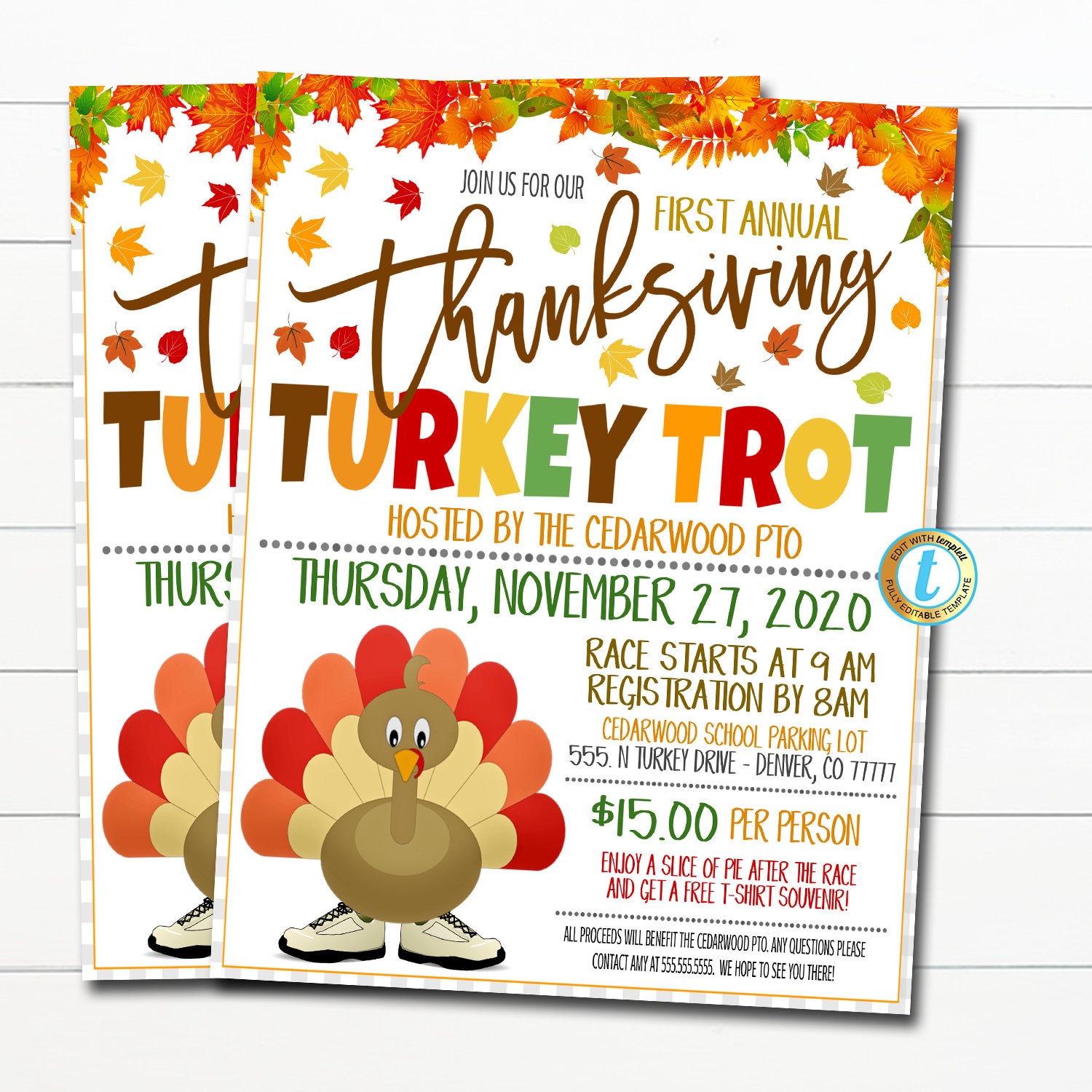 Thanksgiving Turkey Trot Flyer, 5k 10k Run Walk Race, Community Church ...