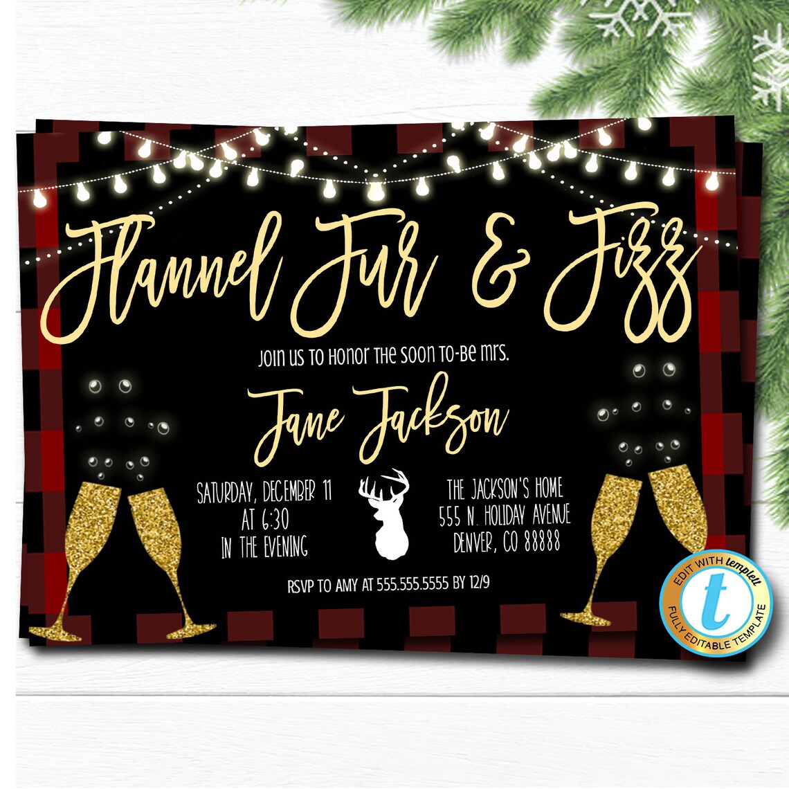 Flannel Fur and Fizz Party Invitation Christmas Party Plaid | Etsy