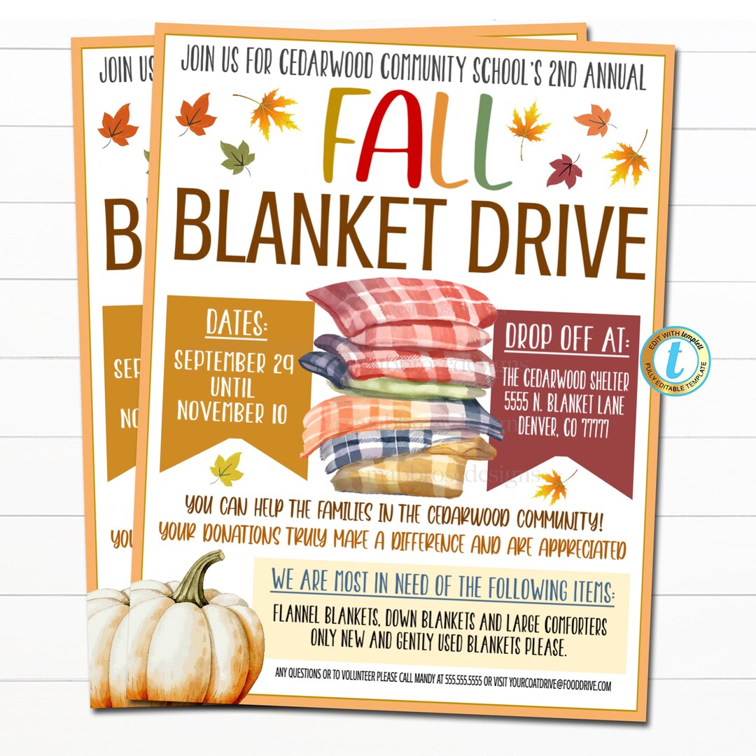 Fall Blanket Drive Flyer, Printable Pta Pto Flyer, School Church Fundraiser Invite Nonprofit ...