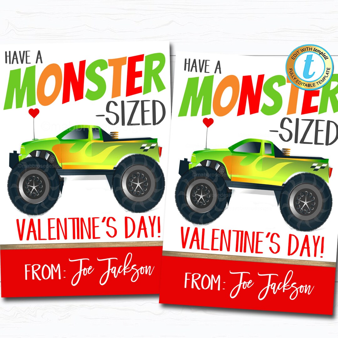 Monster Truck Valentines, Boy Truck Valentine Card Gift Classroom Party ...