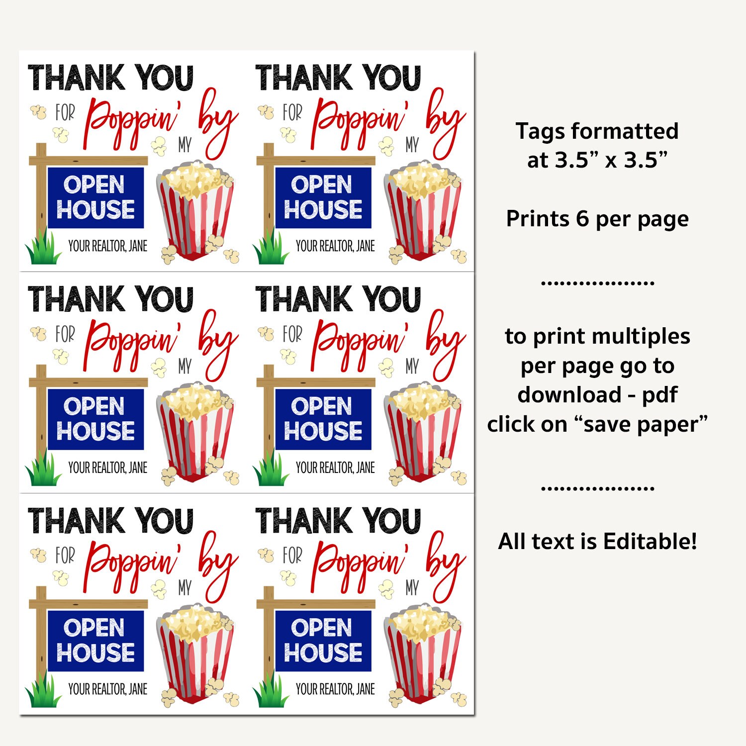 Realtor Popcorn Tags, Open House Real Estate Thank You Gift Tags ...