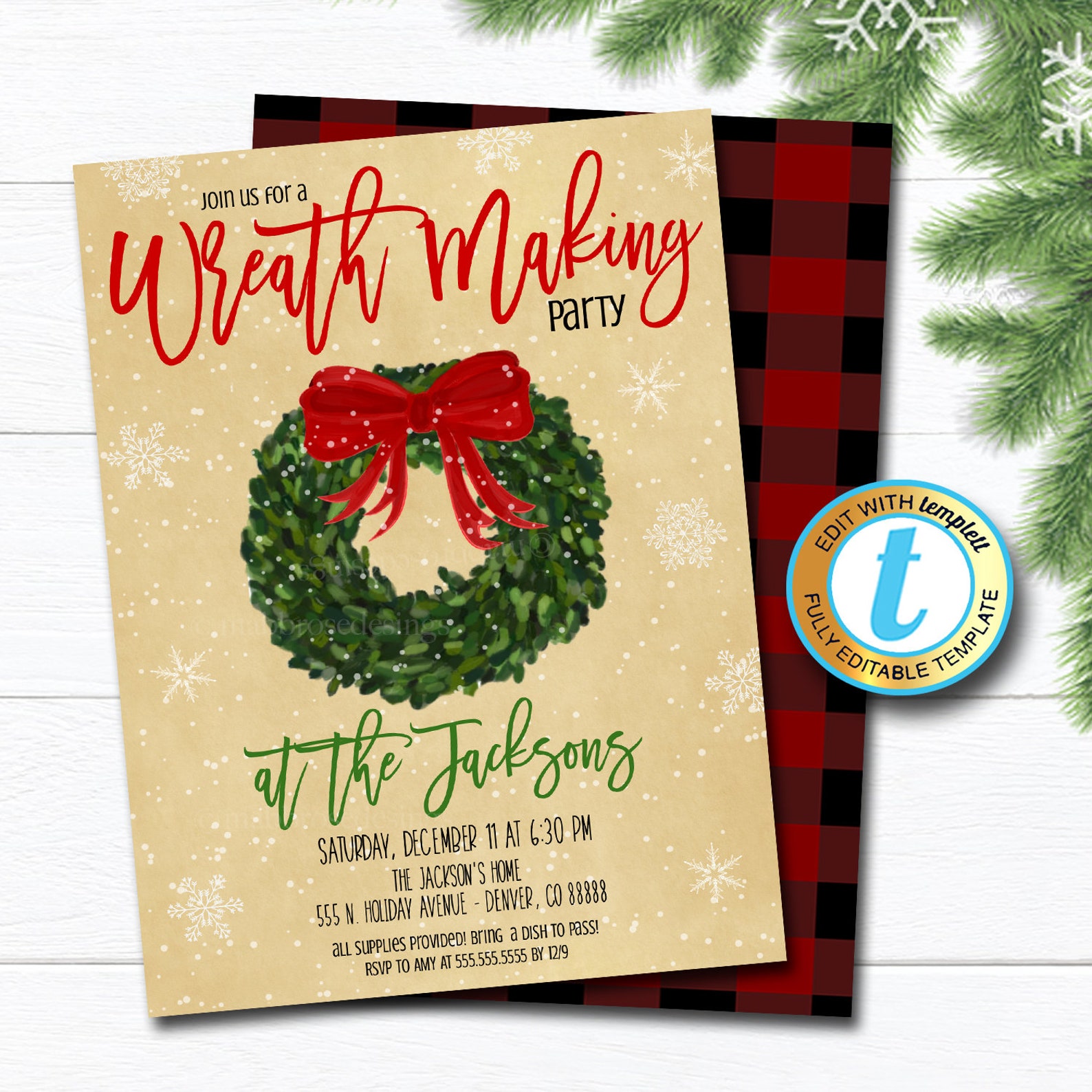 Christmas Wreath Party Invitation Boxwood Wreath Making Red - Etsy