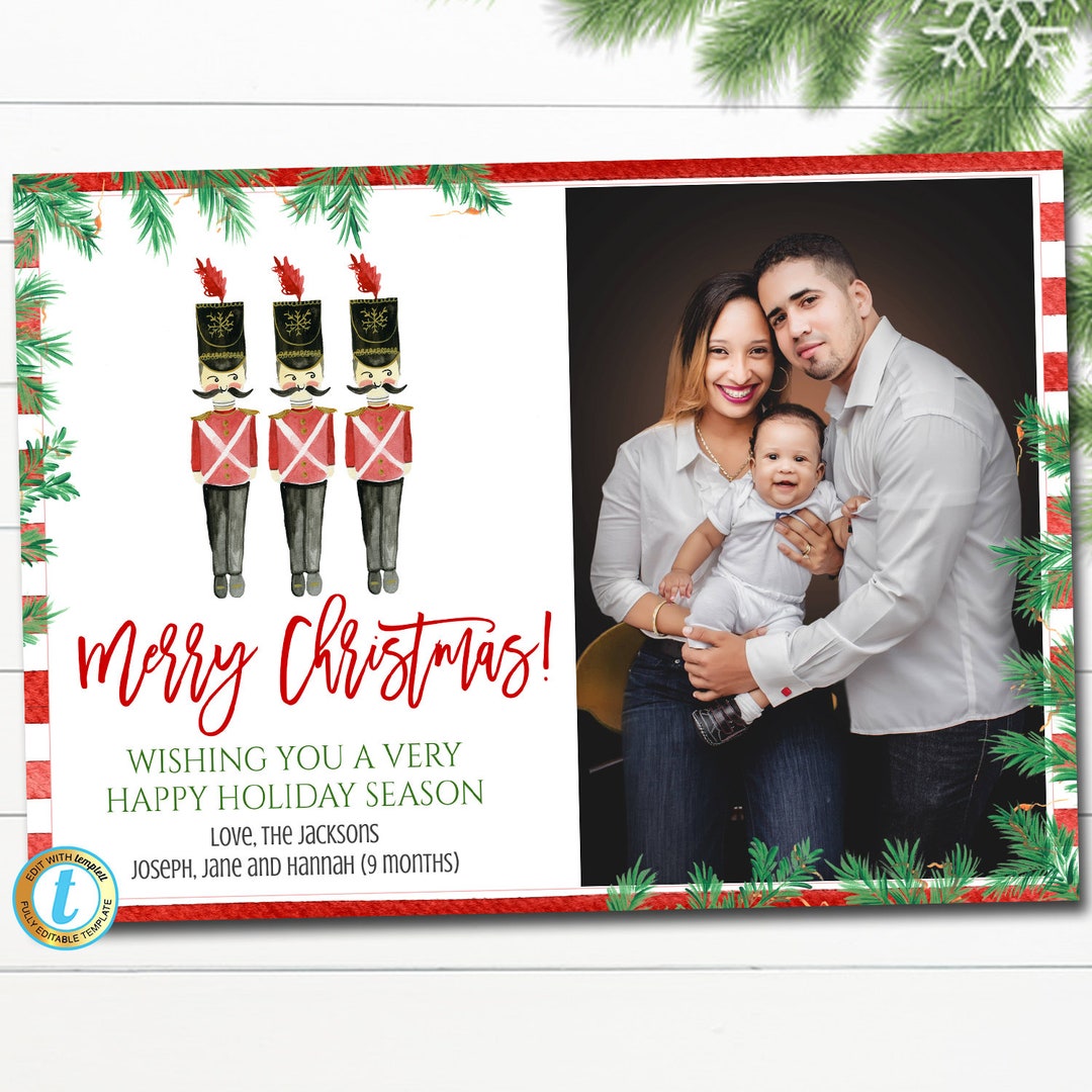 Holiday Photo Card Template, Christmas Preppy Nutcracker Watercolor ...