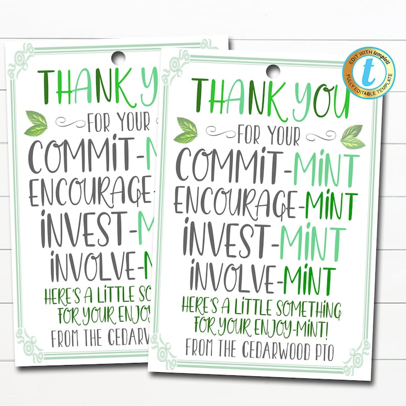 Thank You Mint Tags, Volunteer Mint Labels, Thank You Gift, School Pto ...