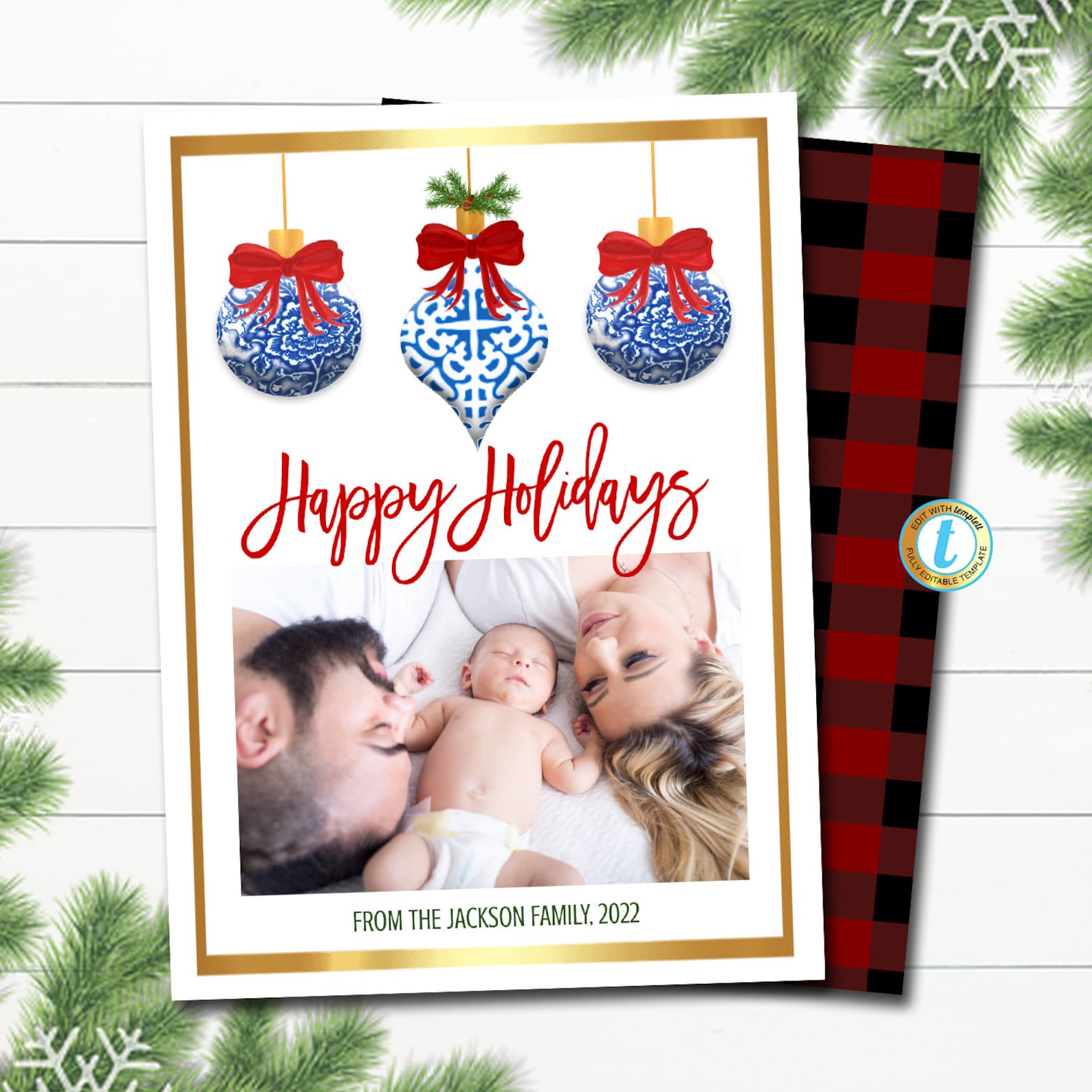 Holiday Photo Card Template Christmas Preppy Blue and White - Etsy