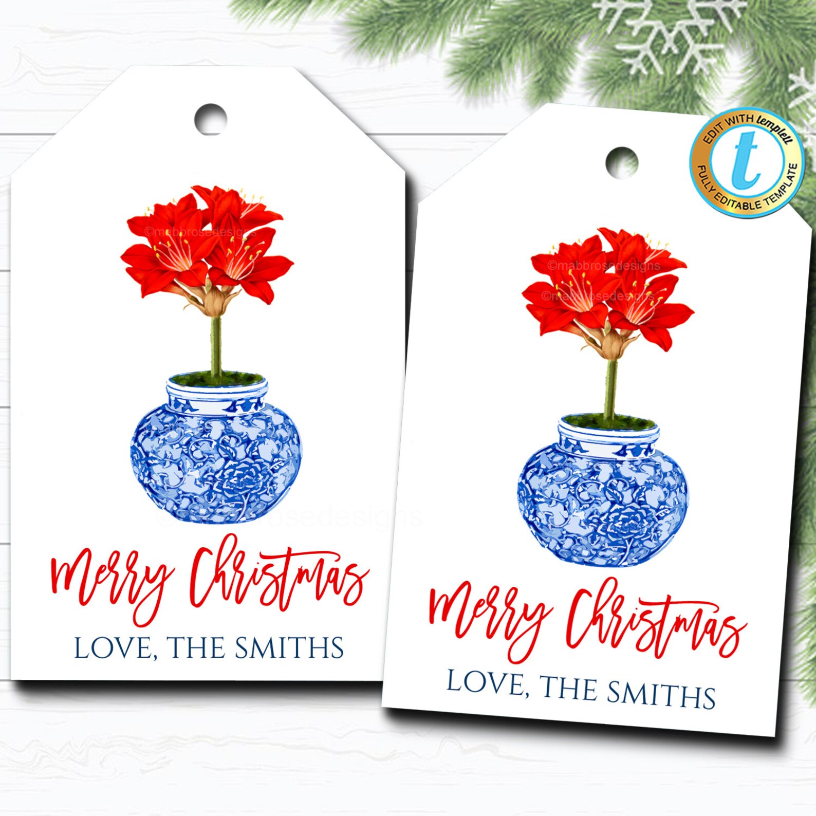 Christmas Ginger Jar Gift Tags, Red Amaryllis Xmas Flower, Preppy ...