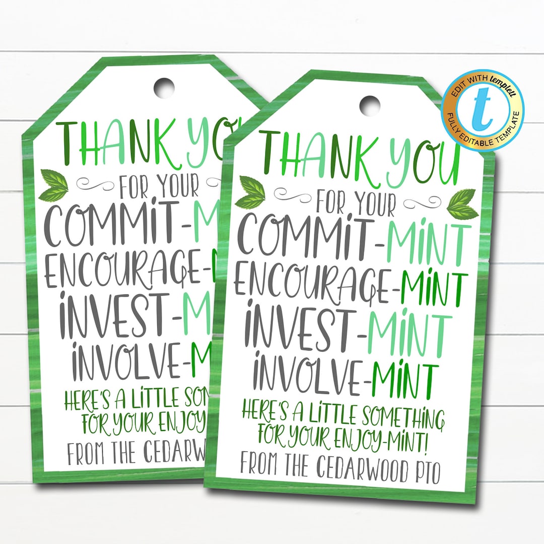 Thank You Mint Tags, Volunteer Mint Labels, Thank You Gift, School Pto ...