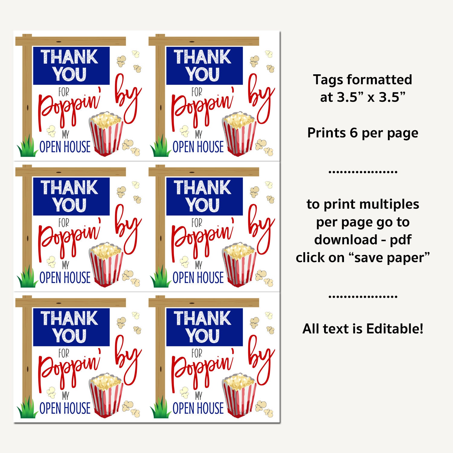 Realtor Popcorn Tags, Open House Real Estate Thank You Gift Tags ...