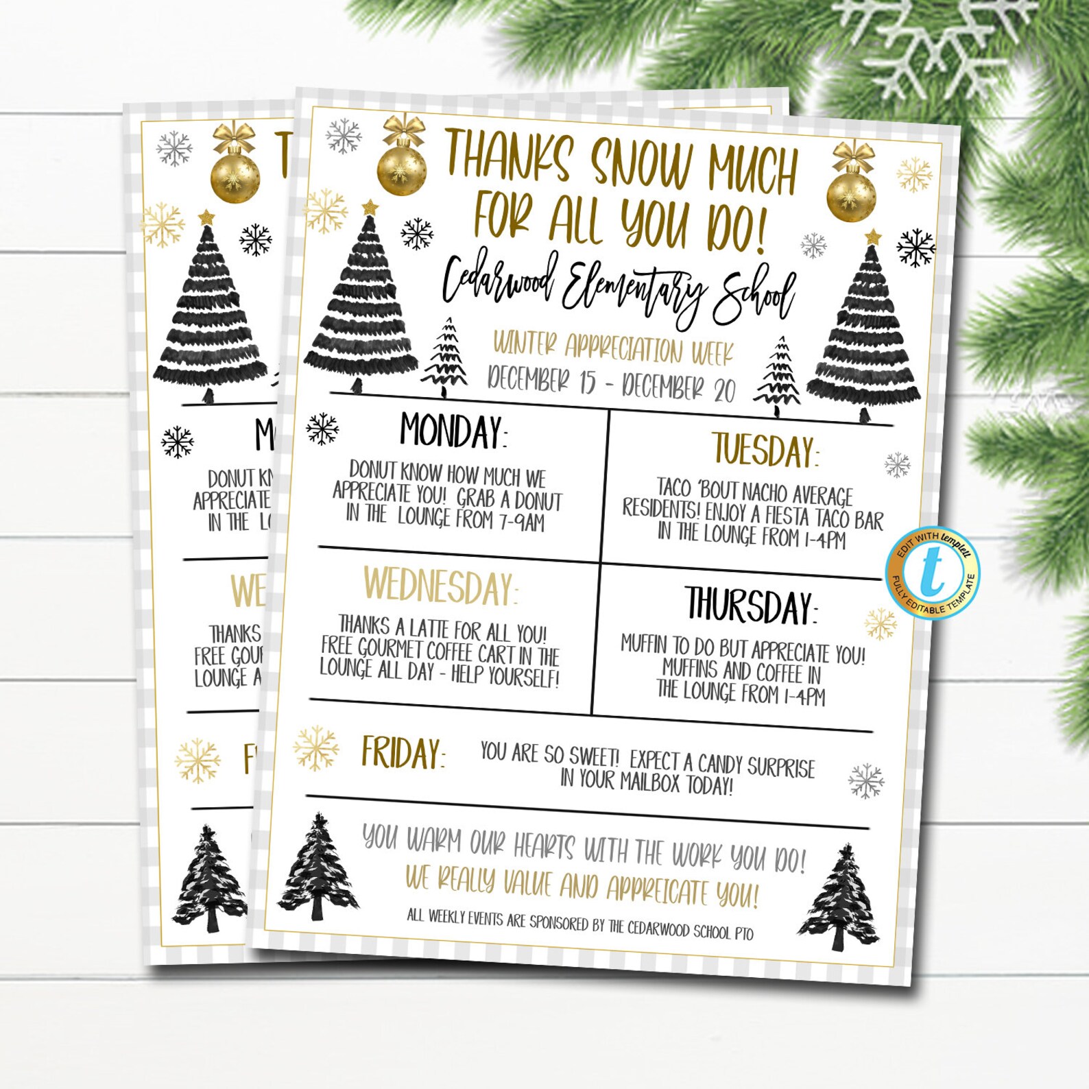 Printable Editable Holiday Teacher and Staff Appreciation Itinerary ...