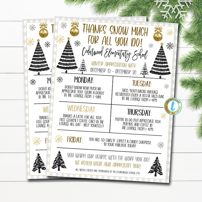 Printable Editable Holiday Teacher and Staff Appreciation Itinerary ...