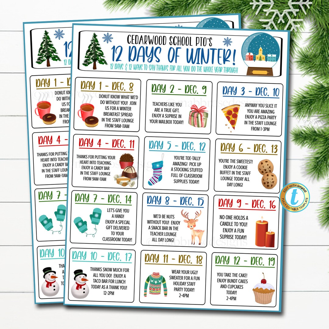 Editable Winter Holiday Appreciation Flyer, Teacher 12 Days of Winter ...