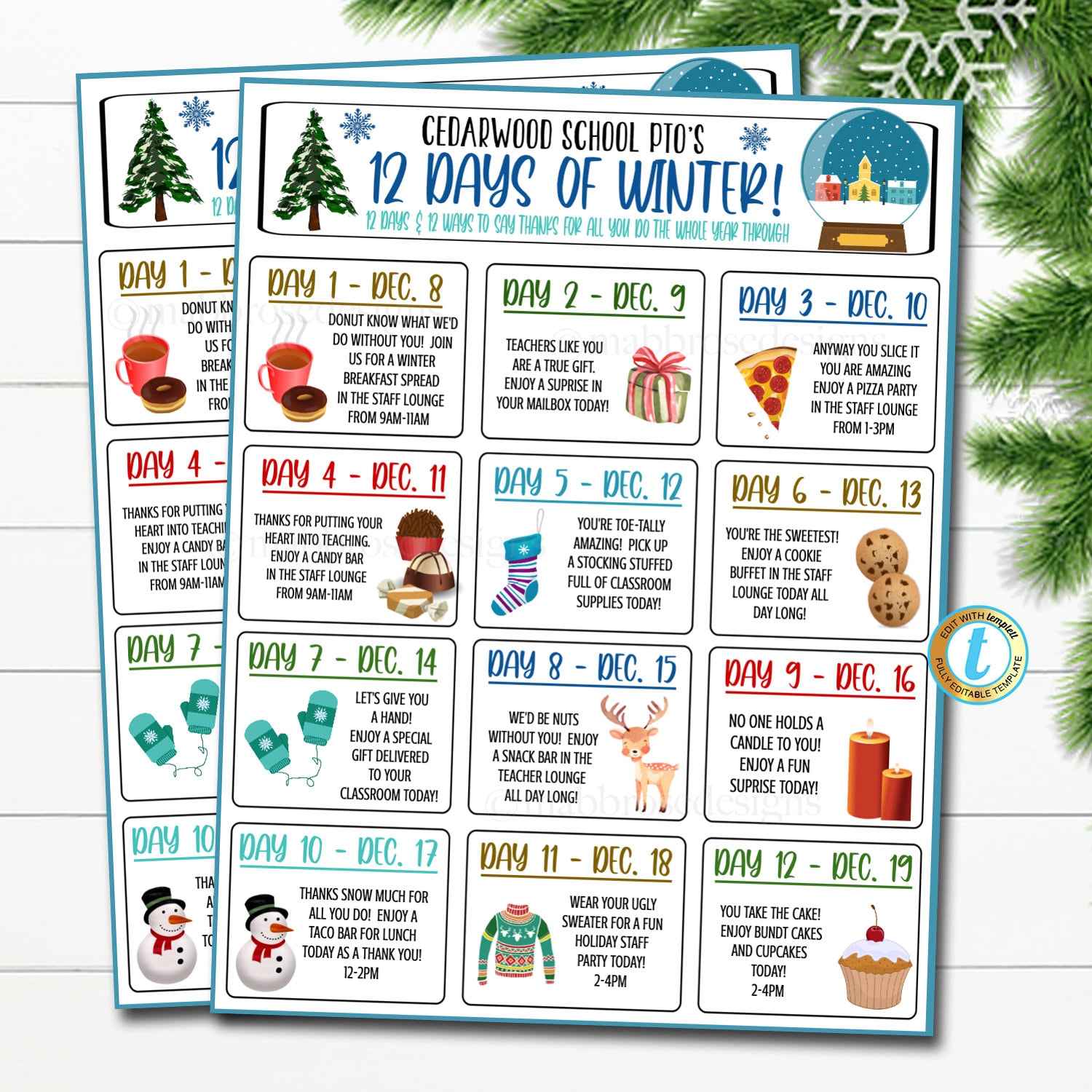 Editable Winter Holiday Appreciation Flyer, Teacher 12 Days of Winter ...