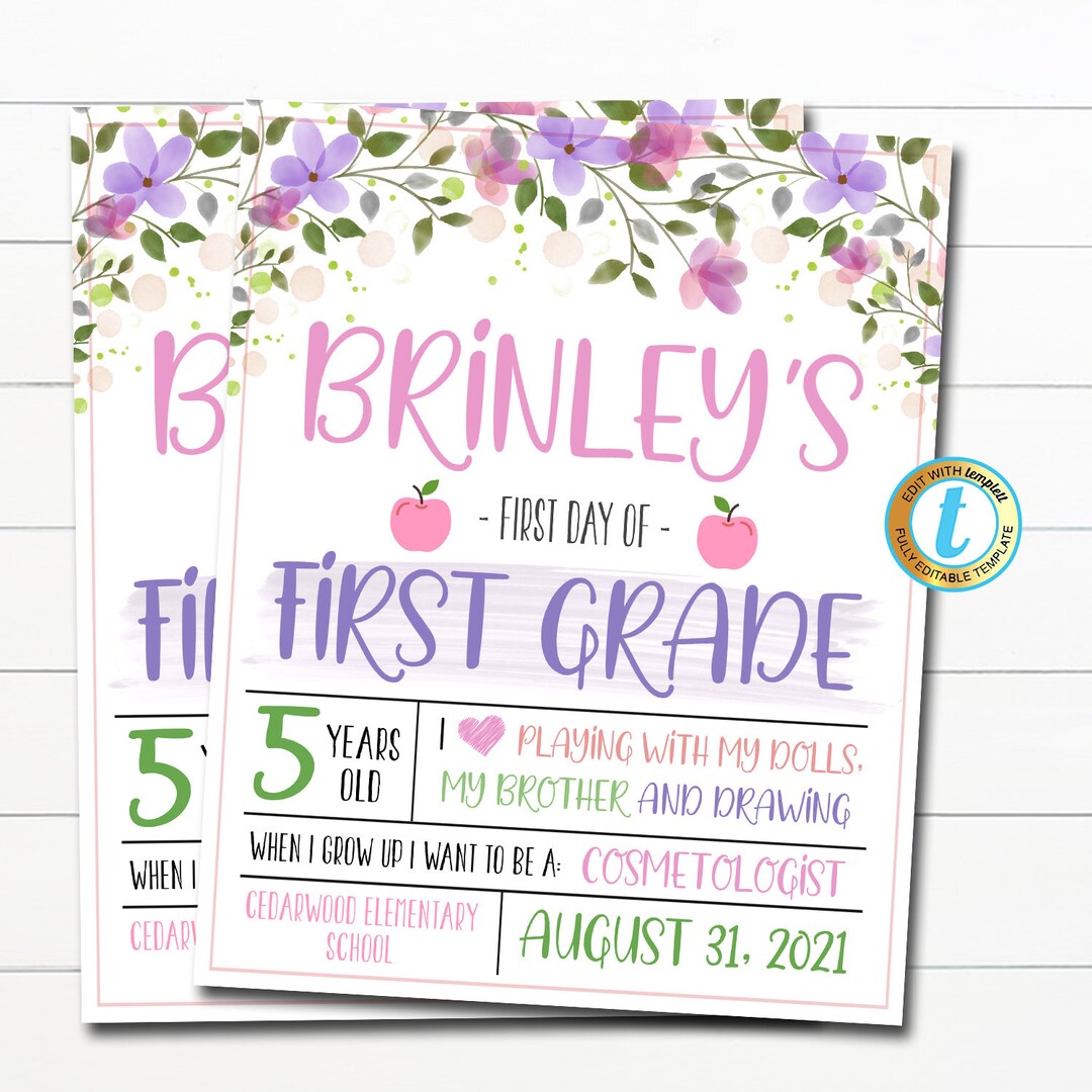 Girl First Day of School Sign, Preschool Kindergarten ANY GRADE ...