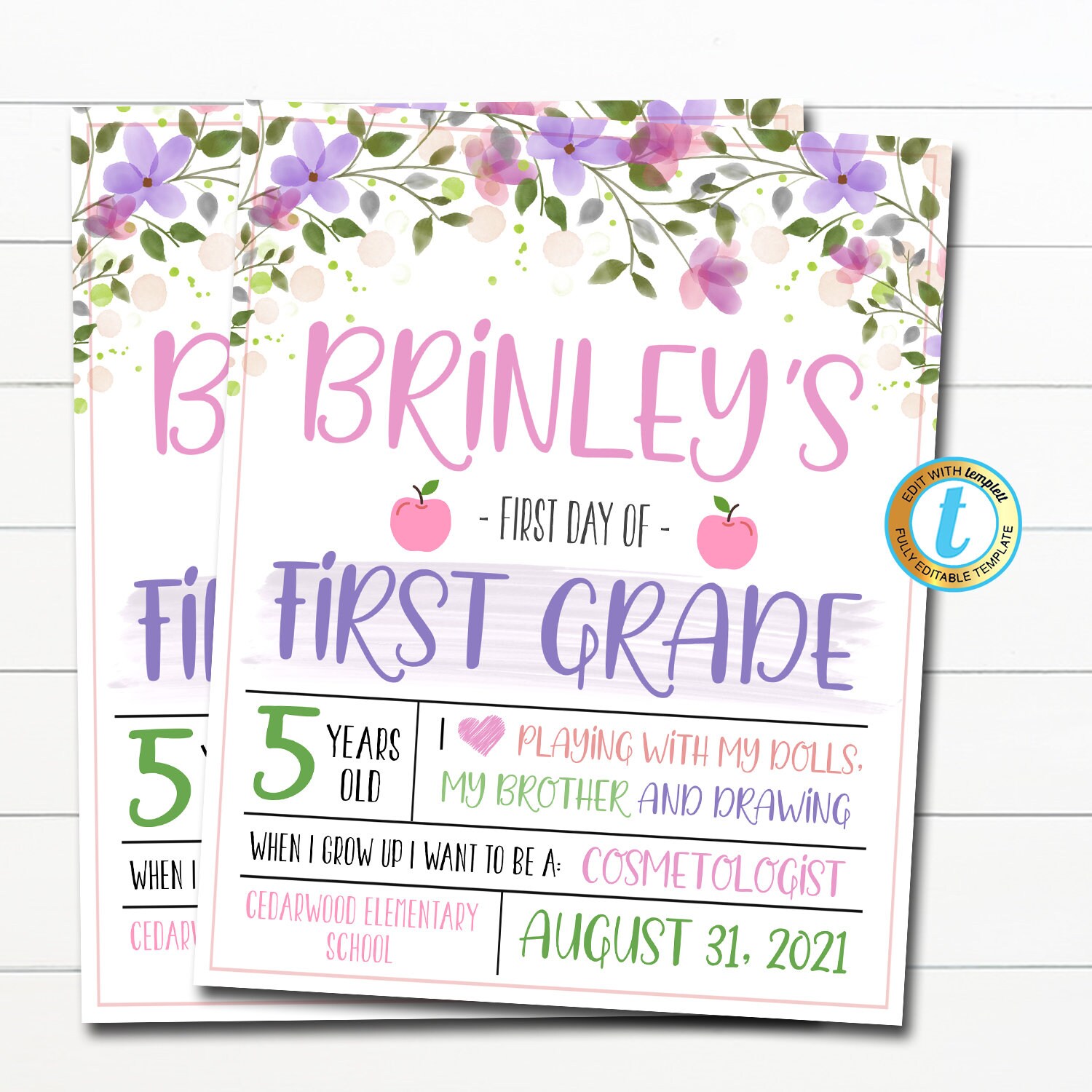 Girl First Day of School Sign, Preschool Kindergarten ANY GRADE ...