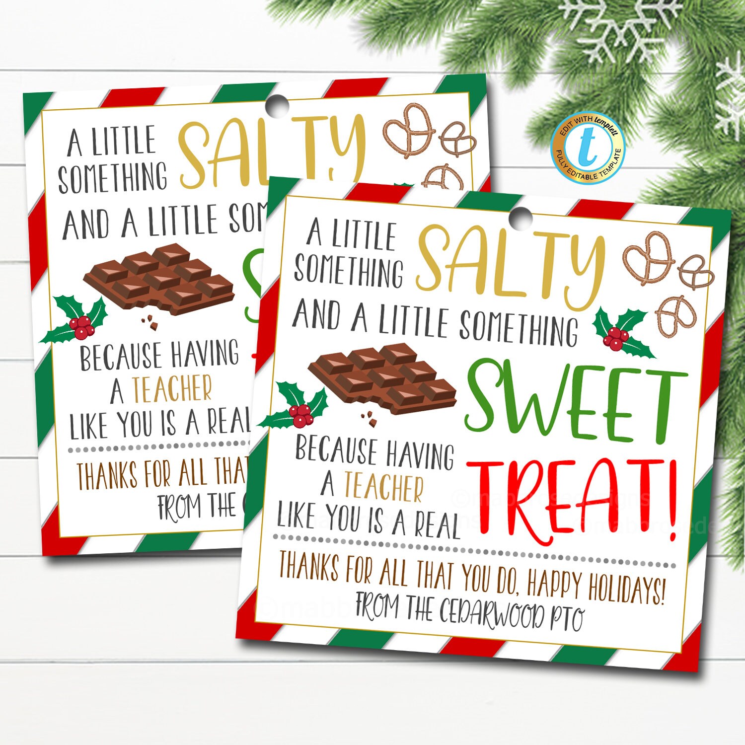 Christmas Chocolate Pretzel Gift Tag, Teacher Staff Employee School ...