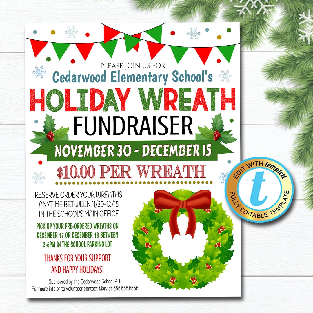 Christmas Wreath Fundraiser Flyer, Holiday School Church Pto Pta, Xmas ...