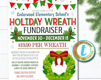 Christmas Wreath Fundraiser Flyer Editable Template, Holiday Wreath ...