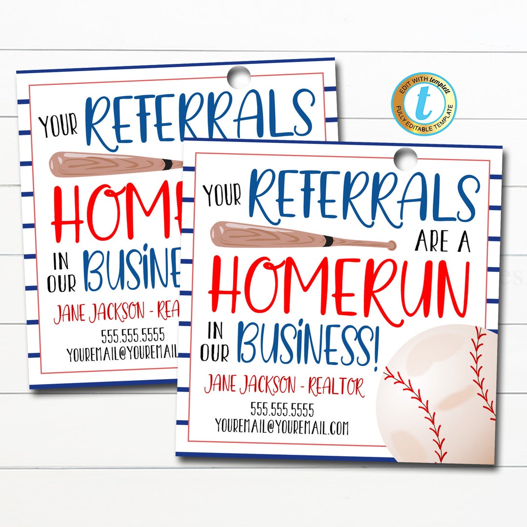Baseball Marketing Gift Tag, Referrals Are the Home Run of My Business ...
