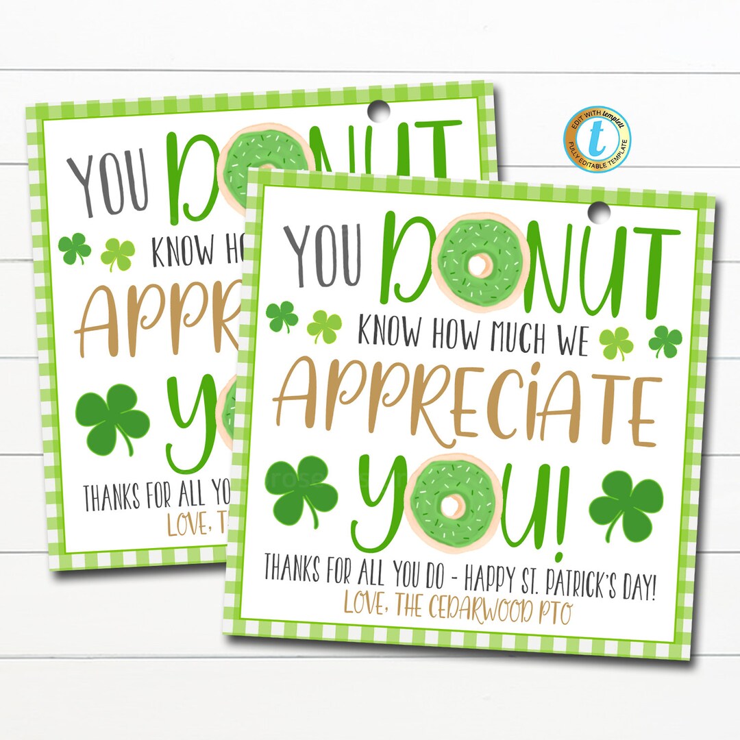 St. Patrick's Day Donut Gift Tag, Teacher Staff Nurse Employee ...