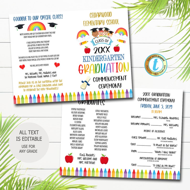 Graduation Ceremony Program Template Kindergarten Any Grade - Etsy