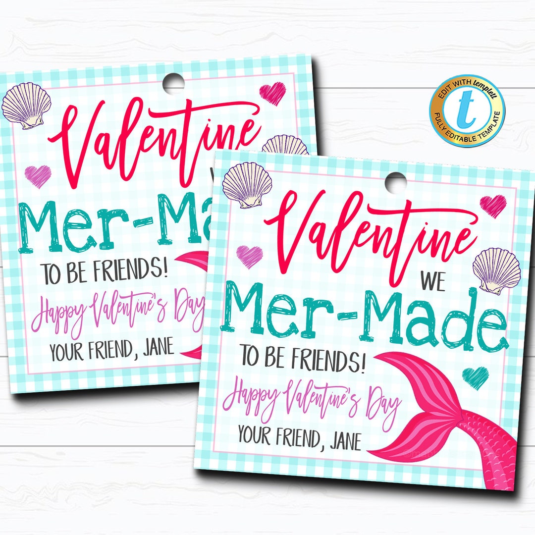 Mermaid Valentines, We Mer-made to Be Friends Girl Valentine Card, Gift ...