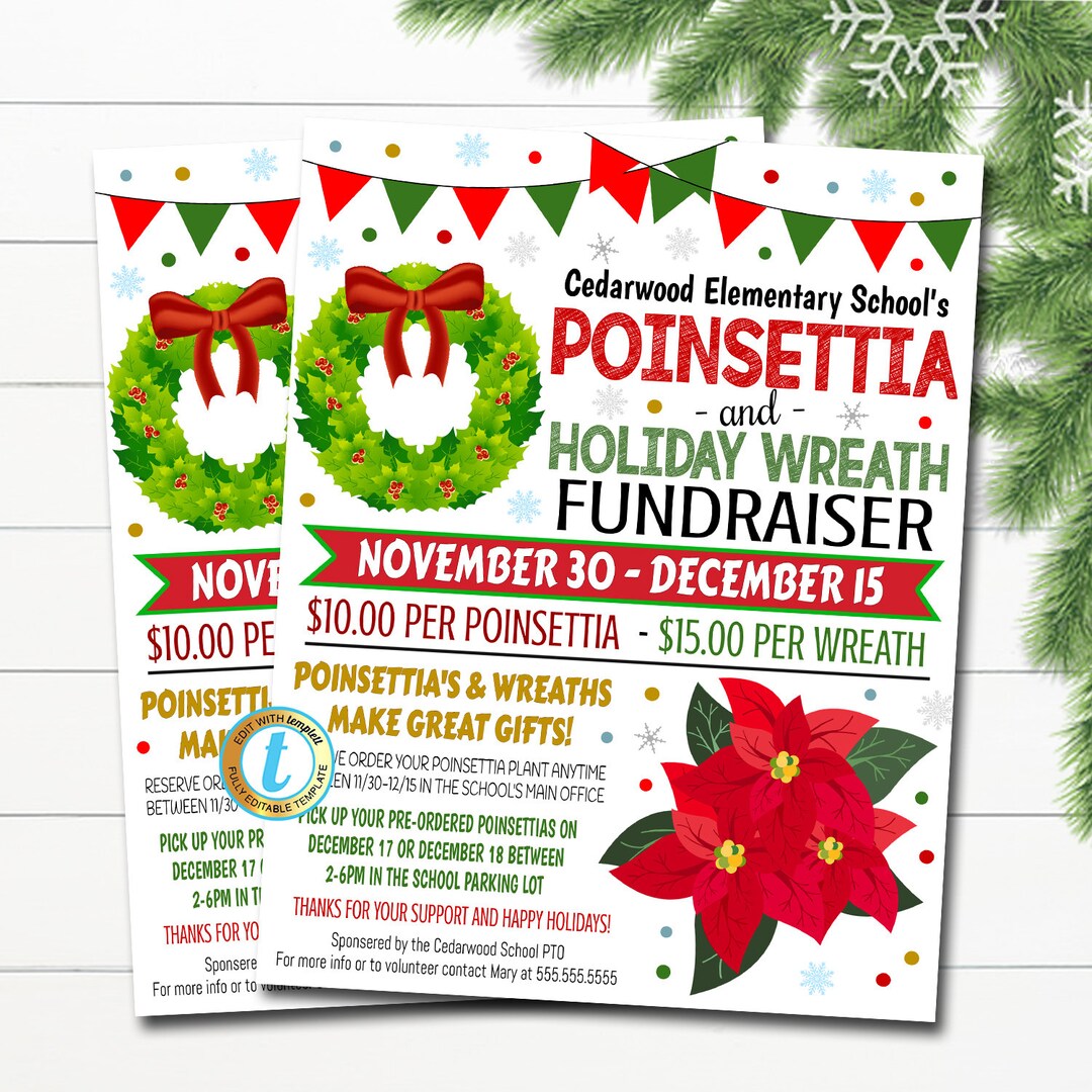 Poinsettia and Holiday Wreath Fundraiser Flyer, Christmas School Church ...