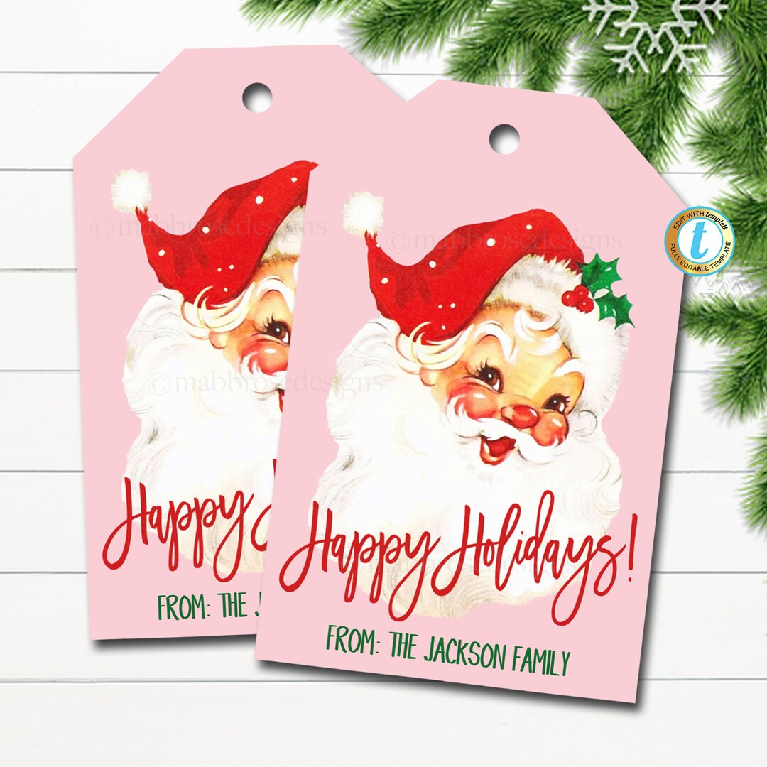 Retro Christmas Santa Gift Tags, Pink Vintage Holiday Decor, Printable ...
