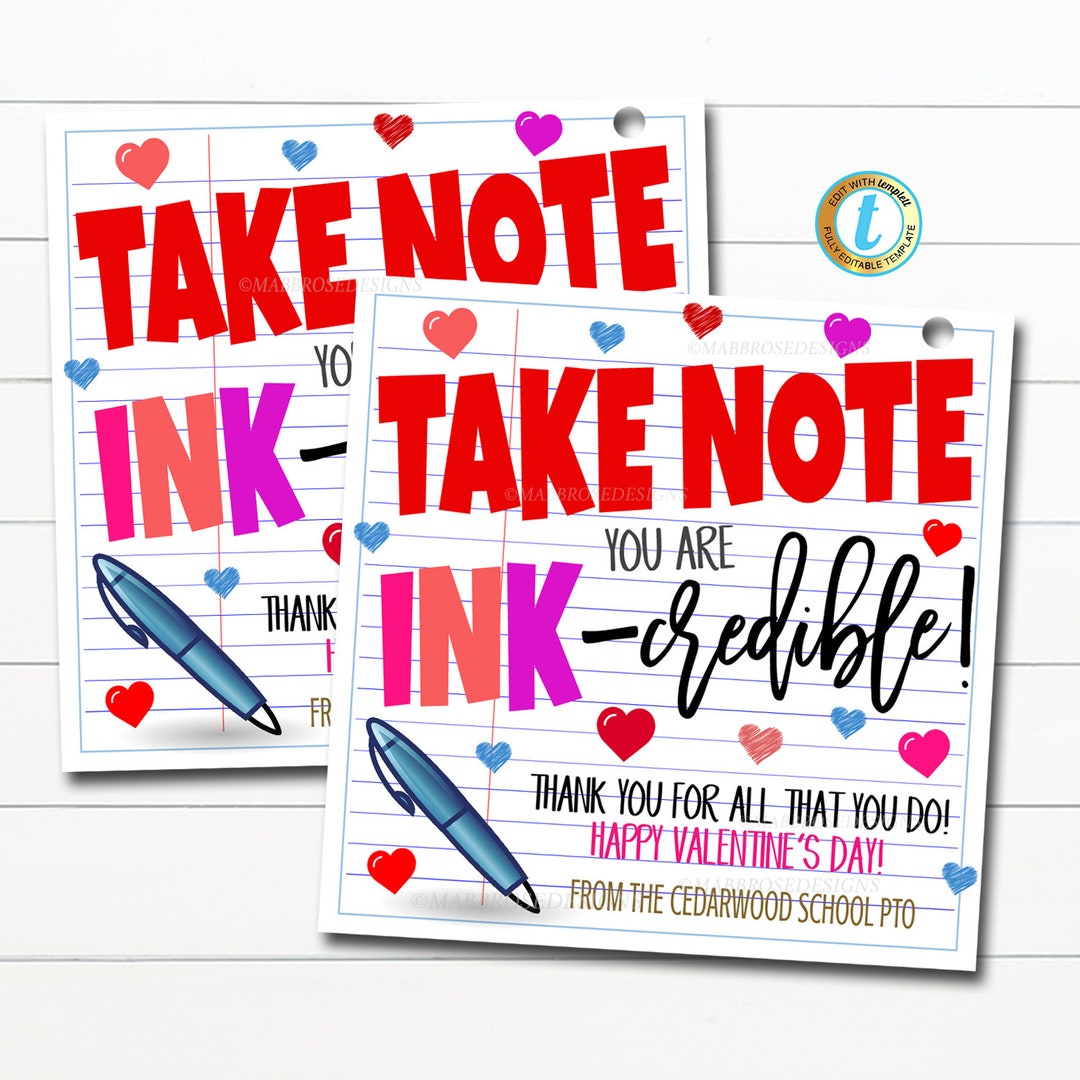 Valentine Pen Thank You Gift Tags, Take Note You Are Ink-credible ...
