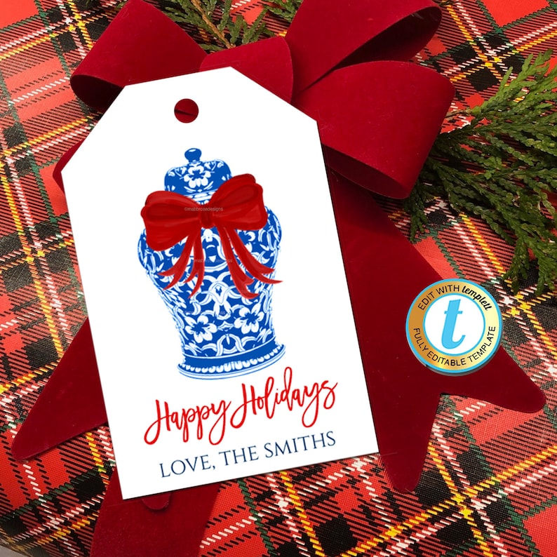 Christmas Ginger Jar Gift Tags Xmas Gift Label Red Ribbon | Etsy