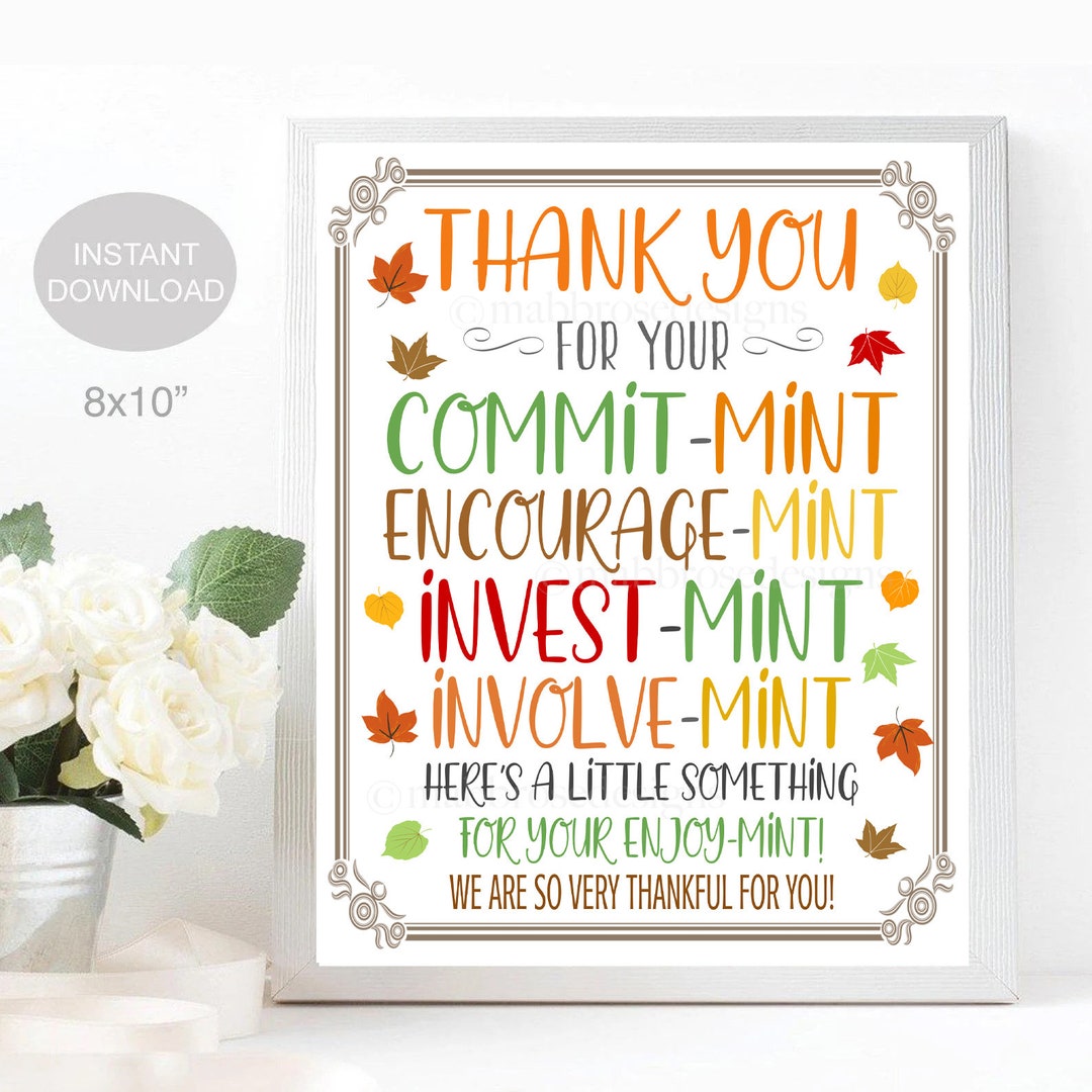 Fall Thank You Mint Sign, Thank You Gift, School Pto Pta Volunteer ...