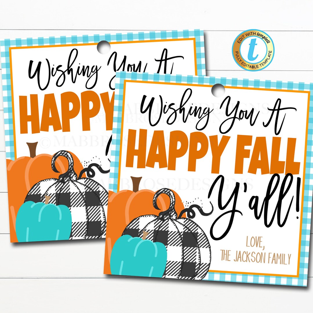 Happy Fall Ya'll Gift Tag, Teal Plaid Pumpkin, Modern Farmhouse Leopard ...