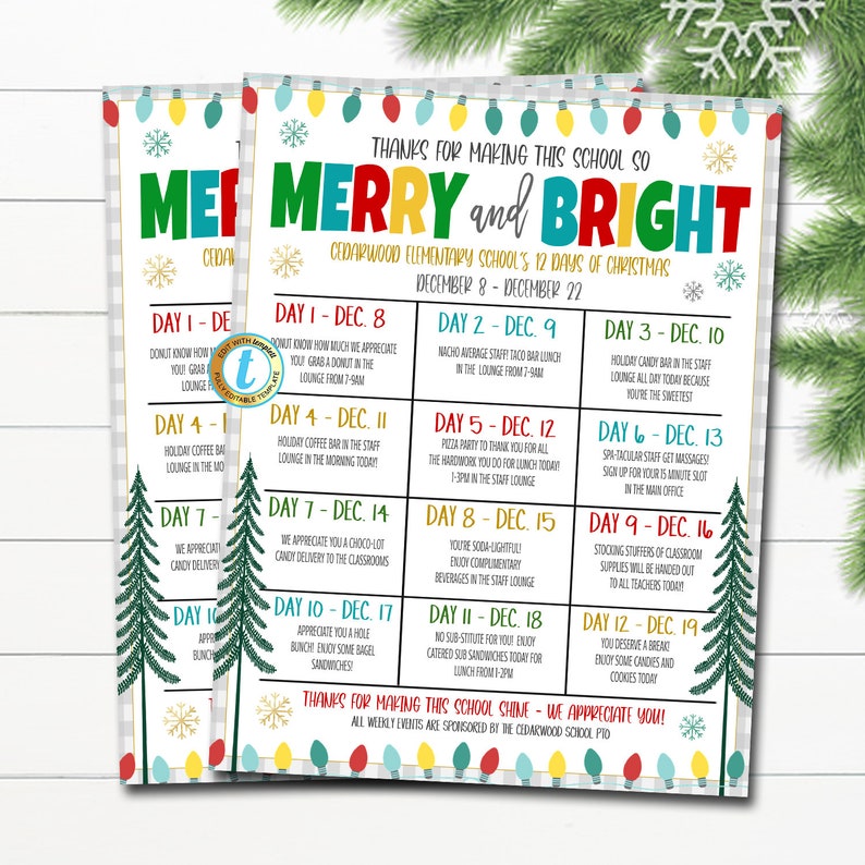Printable Editable Holiday Teacher and Staff Appreciation Itinerary ...