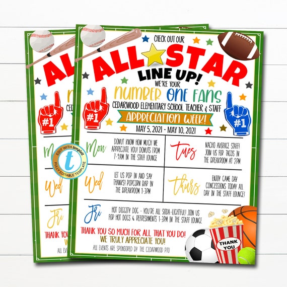 Sports All Star Vip Teacher Appreciation Week Itinerary Poster - Etsy