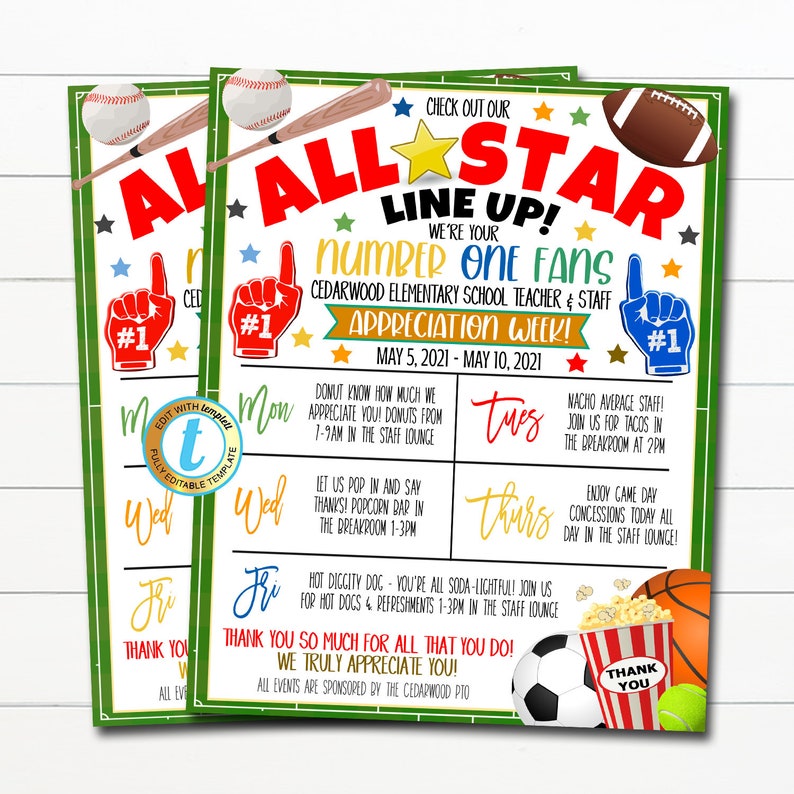 Sports All Star Vip Teacher Appreciation Week Itinerary Poster - Etsy