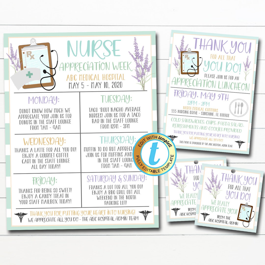 Nurse Appreciation Itinerary Set, Luncheon Invite, Thank You Tag ...