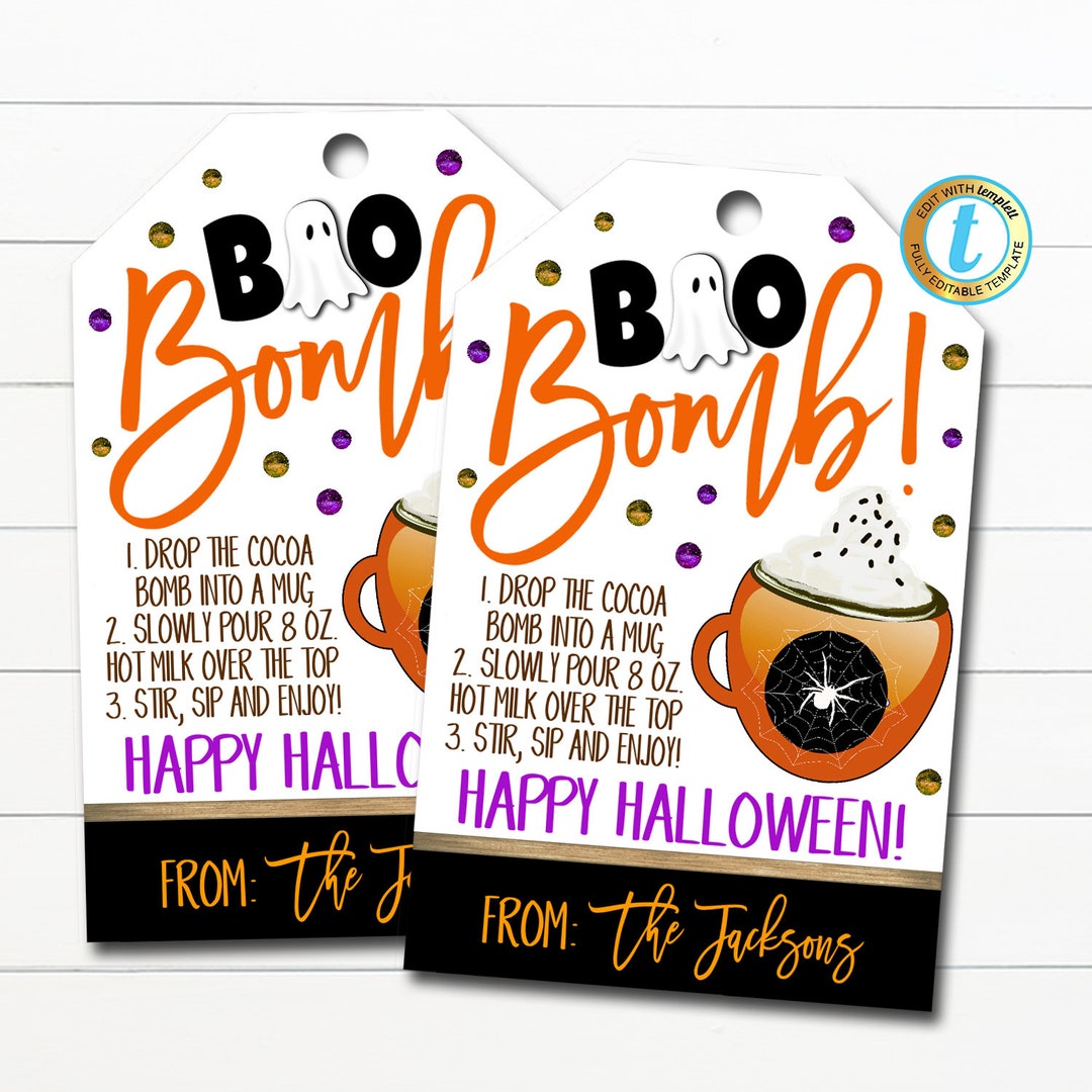 Halloween Gift Tags, Hot Cocoa Boo Bomb, Hot Chocolate Recipe Tag, Fall ...