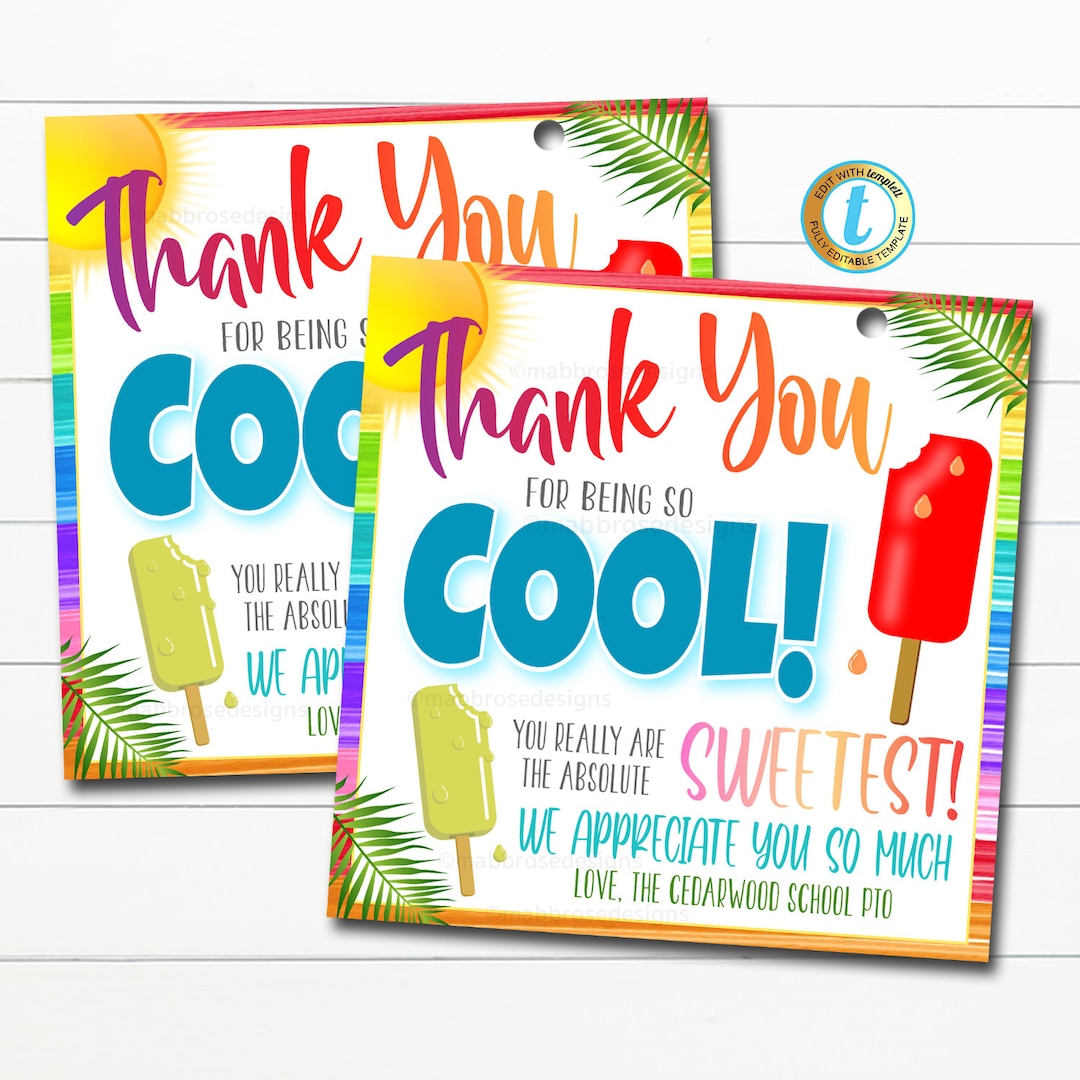 Popsicle Gift Tag, Thanks for Being so Cool You're the Sweetest, School ...