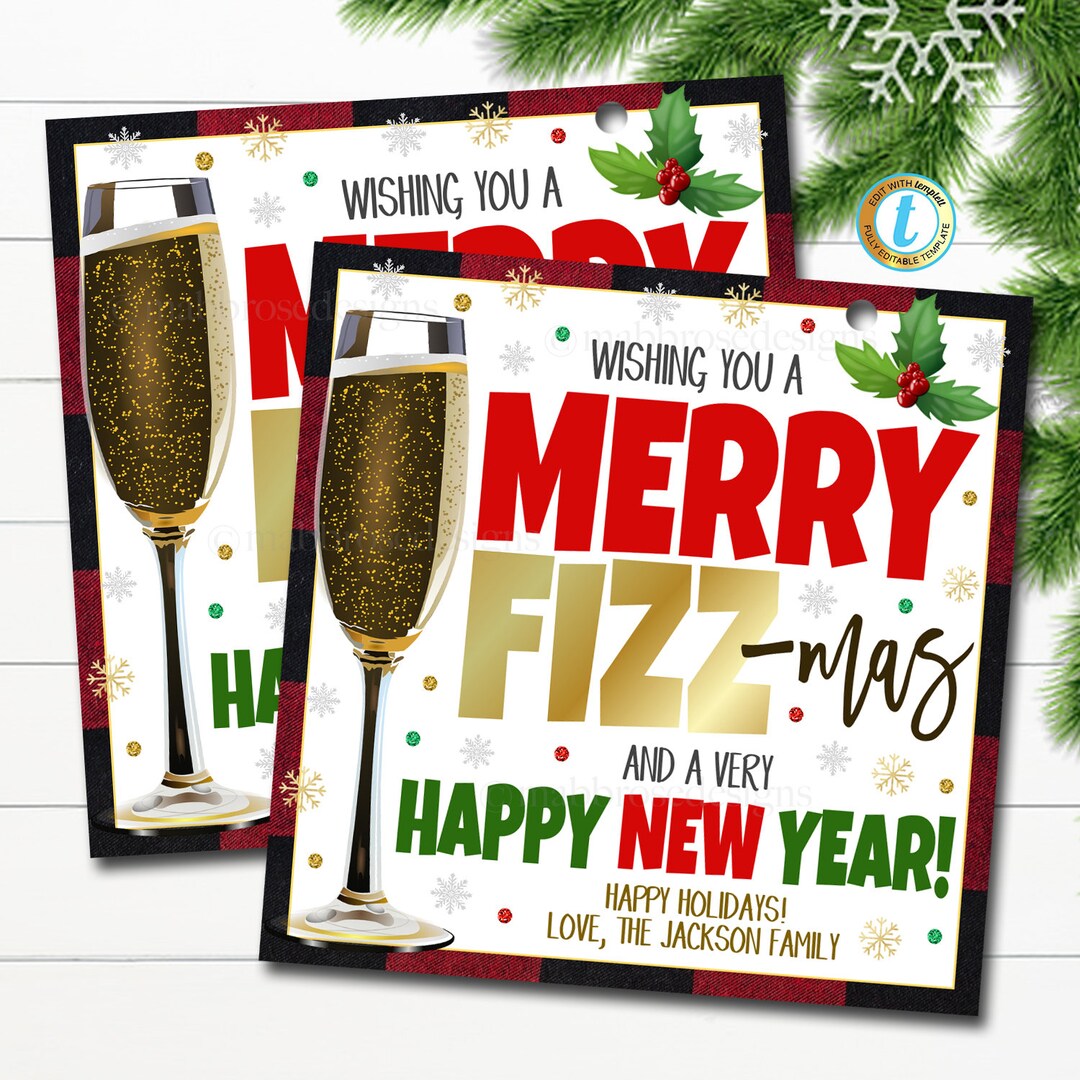 Merry Fizz-mas Christmas Gift Tags, Happy Holiday Staff Neighbor Friend ...